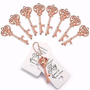 XHIPY 50 PCS Skeleton Key Bottle Openers,Wedding Favors guests Bulk,Roses Key Bottle Opener,Bridal Shower Party Favors with Card Tag(Rose Gold)
