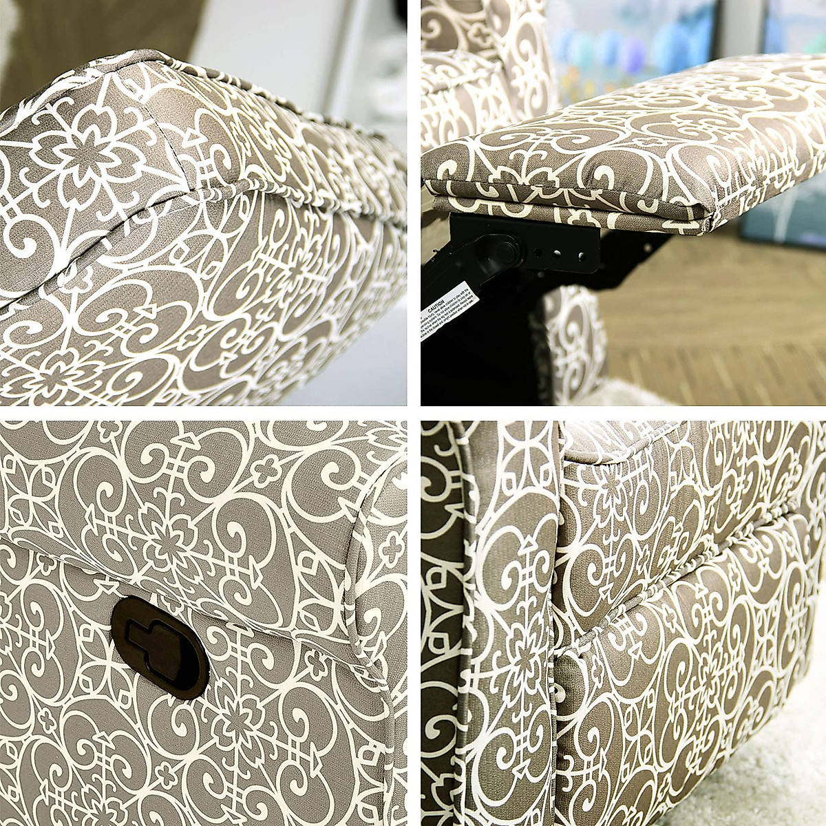 JC HOME Menet Swivel Glide Recliner with Fabric Upholstery in a Scrollwork Print, Doodles Ash