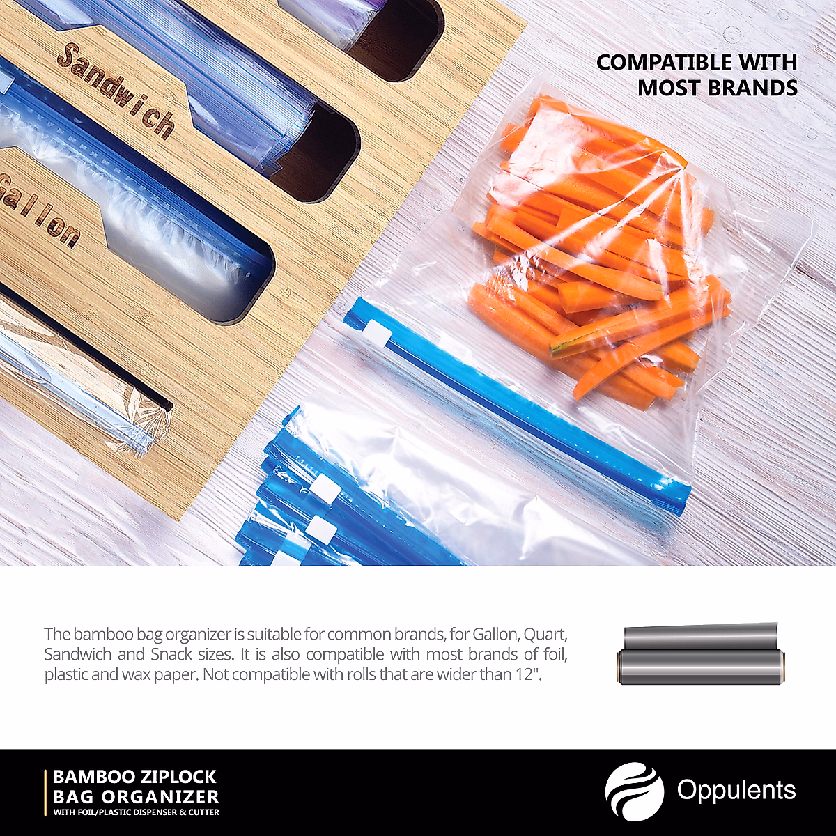 Oppulents Bamboo Ziplock Bag Storage Organizer for Kitchen Drawer with Foil/Plastic Dispenser and Cutter Suitable for Gallon, Quart, Sandwich & Snack Sizes Magnetic Closure Multipurpose Organizer