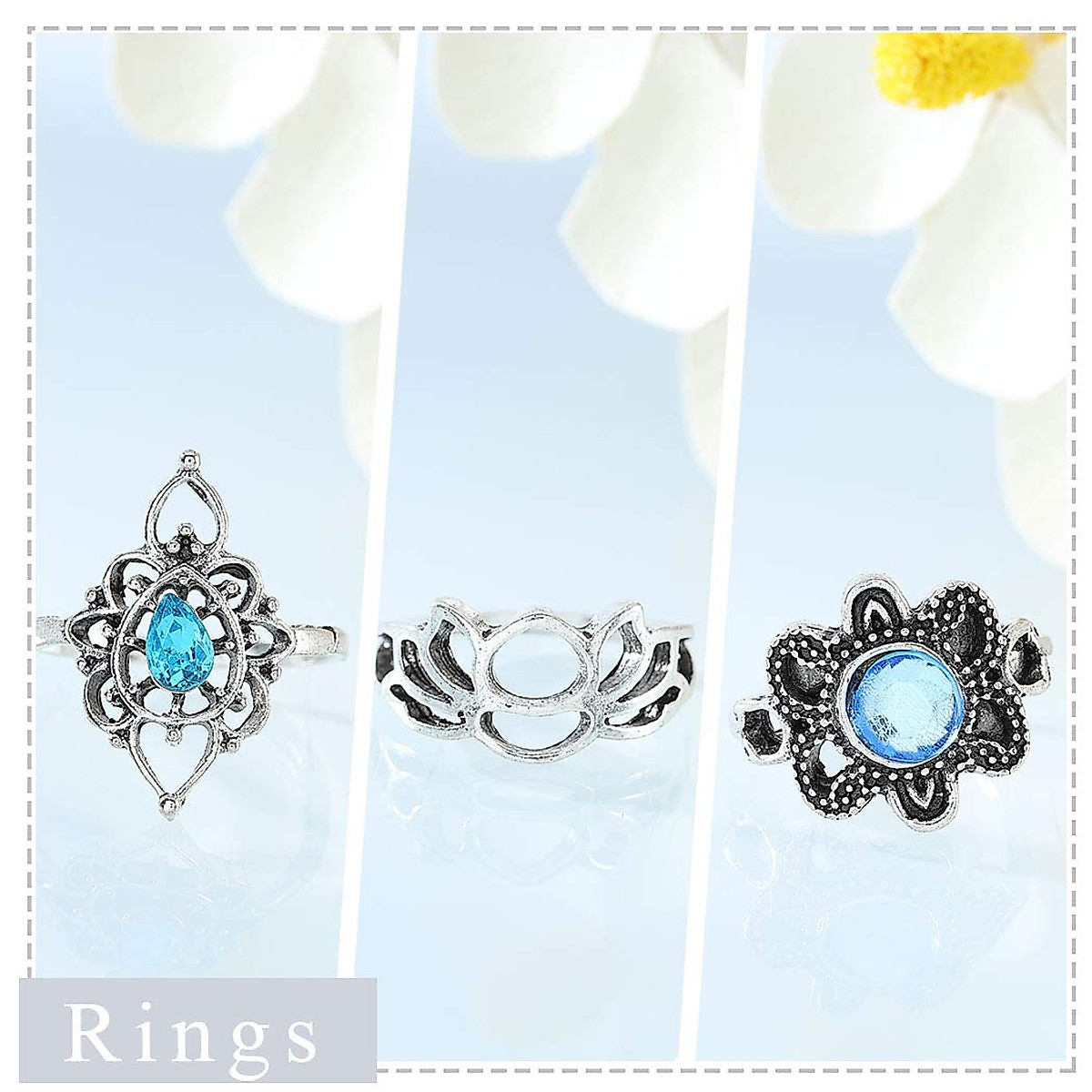 Aceorna Boho Crystal Joint Knuckle Rings Silver Flower Turtle Midi Stackable Finger Rings Set Jewelry for Women 13PCS
