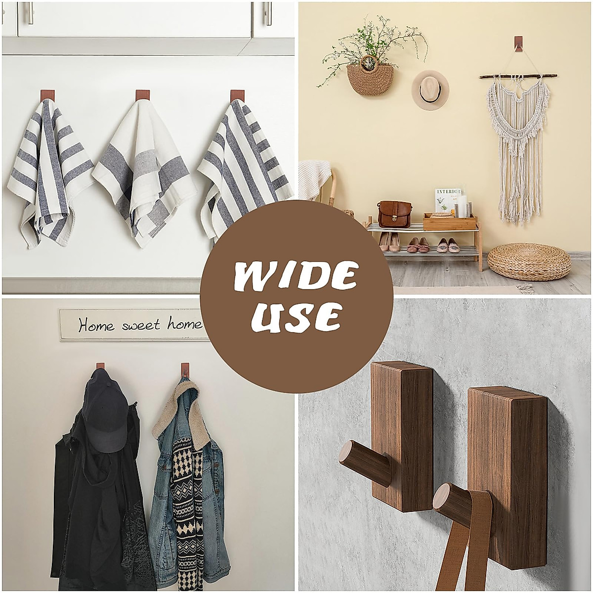 Biomoty Wood Wall Hooks, 4 Pack Adhesive Coat Hooks, Natural Wooden Hat Rack, Decorative Sticky Hooks Wall Mounted, Heavy Duty Wall Hangers for Hanging Purse (Black Walnut)