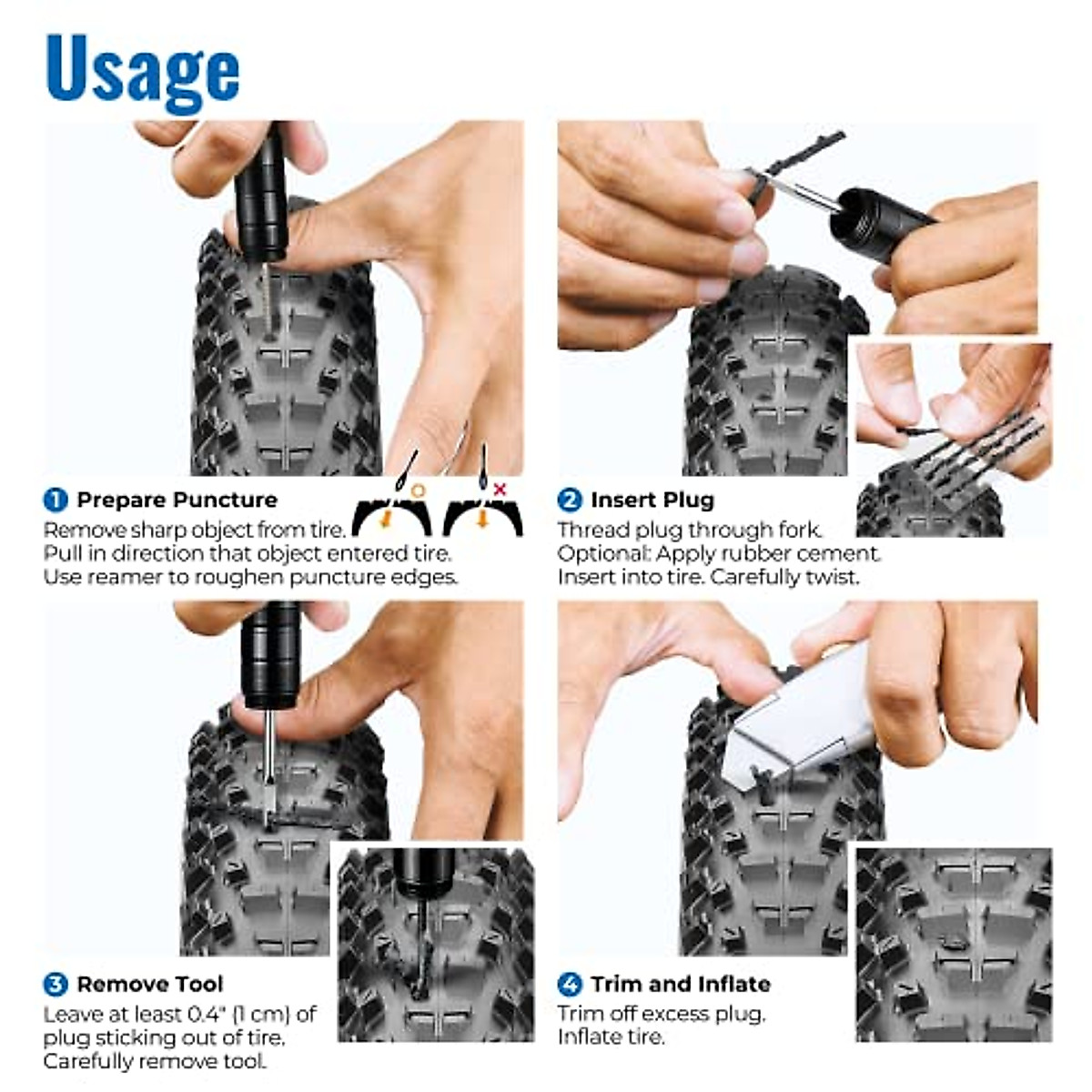 Tirellix Bike Tire Plug Kit – (Black) Tubeless Tire Repair Kit, Fix Flat or Puncture in Bicycle, MTB Motorcycle Tire, Portable Bike Tool Kit Includes Reamer, Insertion Fork, 5 pcs 1.5mm Tire Plugs