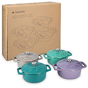 Navaris Cast Iron Round Cocottes (Set of 4) - 4.1" Mini Cocotte Dutch Oven Dishes with Enamel Coat, 9.8 oz - Teal/Violet/Green/Grey