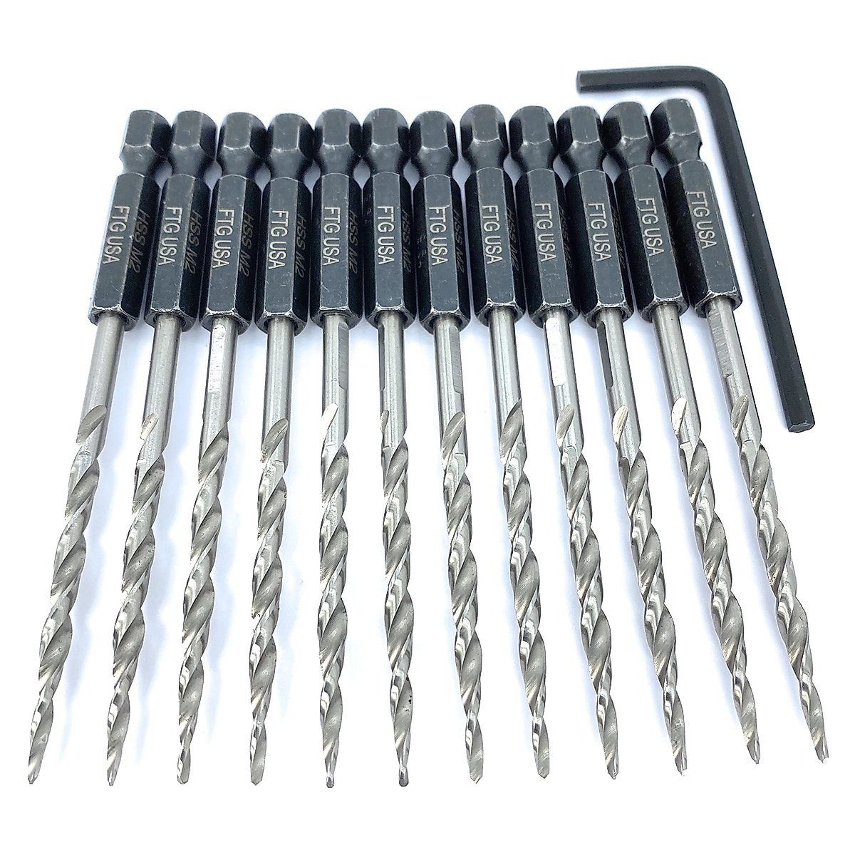 FTG USA Countersink Drill Bit Set 4 Piece Same Size #6 (9/64") Countersink Drill Bit with 12 Replacement Tapered Countersink Bits #6 (9/64") 1 Depth Stop Collar, 2 Hex Wrench