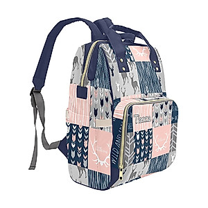 Antlers Elk Deer Feather Arrow Patchwork Blue Diaper Bags with Name Waterproof Mummy Backpack Nappy Nursing Baby Bags Gifts Tote Bag for Women