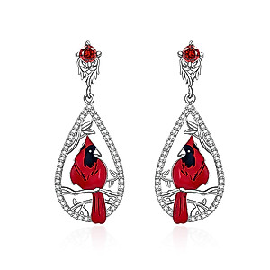 Cardinal Earrings for Women S925 Sterling Silver Teardrop Dainty Cute Dangle Drop Piercing Stud Red Fashion Hypoallergenic Crystal Ruby Animal Bird Valentine's Day Jewelry