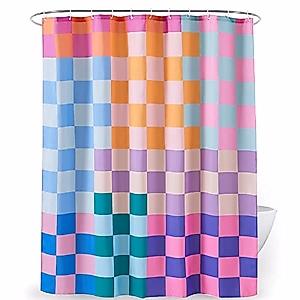 RoomTalks Multicolored Checkered Retro Fabric Shower Curtain for Bathroom, Heavy Duty & Waterproof Bright Rainbow Colorful Modern Simple Groovy Aesthetic Shower Curtain Set with Hooks Bathroom Decor