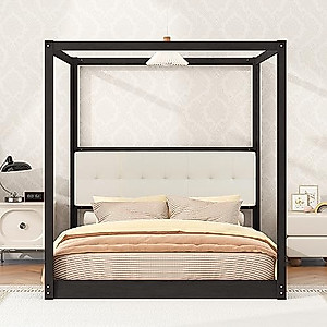DOLPRNE Modern King Size Wooden Canopy Platform Bed with Upholstered Headboard,Multiple Choice for Kids Teen Adults Bedroom,Box Spring Not Required,Espresso