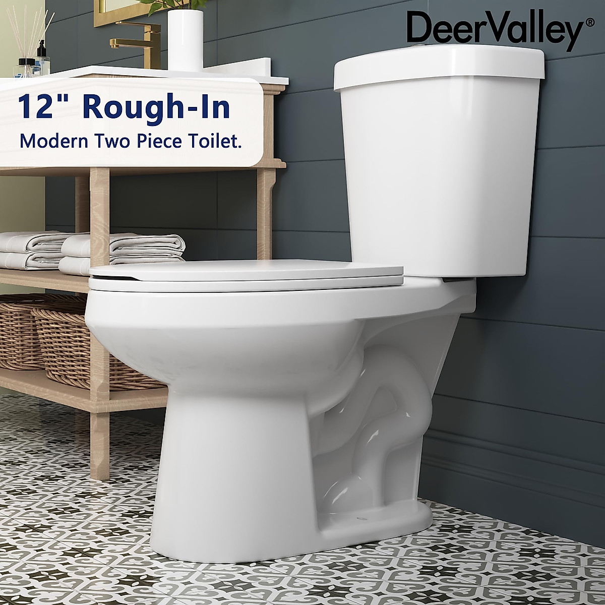 Two-Piece Toilet, DeerValley 17.72" High 12” Rough in Dual Flush 1.1/1.6 GPF and Map 1000g, ADA Chair Height Toilets Bowl With Soft Close Seat for elderly, White DV-2F0079