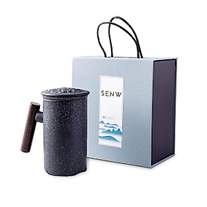 Fosenw Ceramic Tea Mug, Tea Cup with Lid,Infuser and Wooden Handle, 14 oz, Bluestone