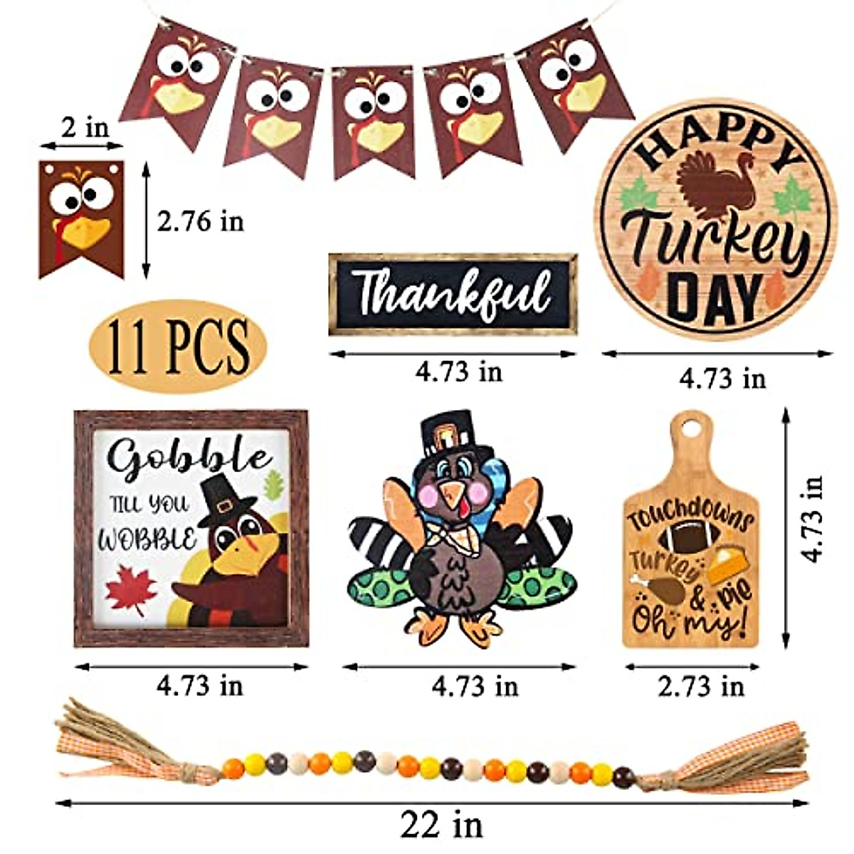 11Pcs Thanksgiving Turkey Tray Decor Fall Decorations Gobble Till You Wobble Thankful Wooden Signs and Thanksgiving Bead Garland Farmhouse Rustic Tiered Tray Decor for Home Table