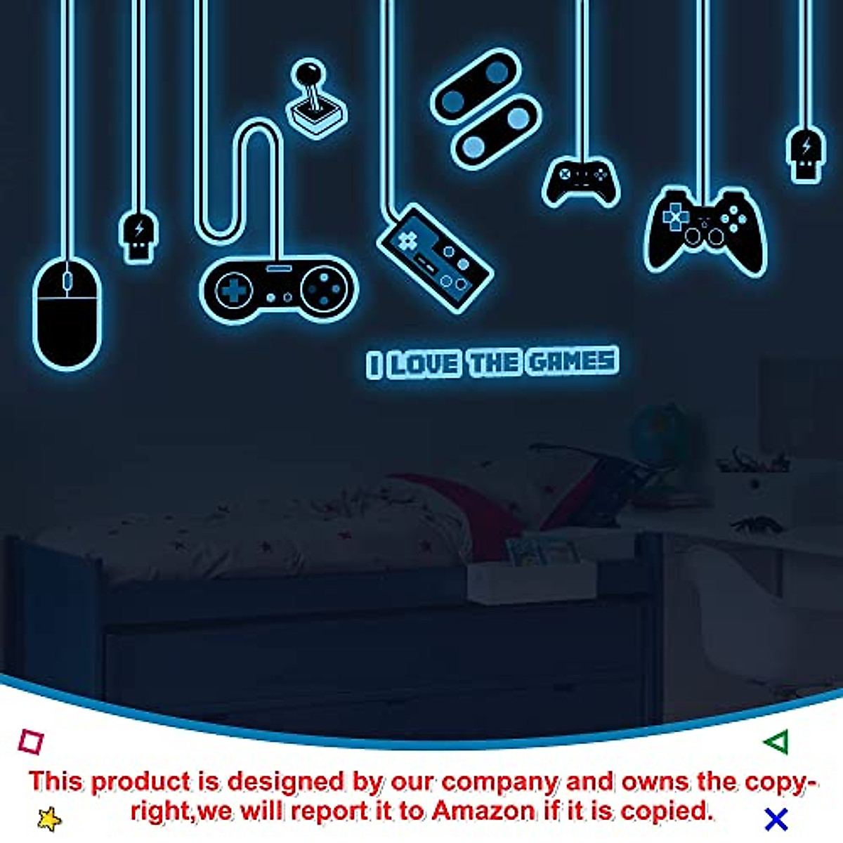 Gaming Wall Decals Glow in The Dark Wall Decals Video Game Zone Wall Stickers Removable Gaming Room Wall Decor Peel and Stick for Boys Kids Bedroom Playroom… (Large Size-Blue)
