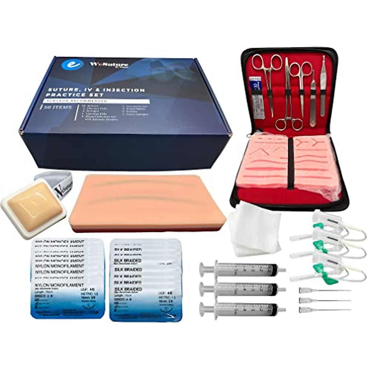 Endure Suture, I/V & Injection Training KIT, 50 Items, Durable Silicone Skin Suturing Pad with Tool Kit - Ideal for Any Medical Student, Veterinarian Students & Nurses. (for Education Only)