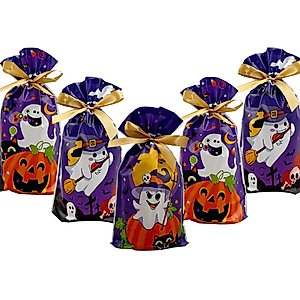 VIFOME 24 Pcs Halloween Bags Ghost Bags Halloween Trick Treat Bags Plastic Bags with Ribbons for Gift Wrapping Halloween Party Decoration