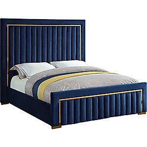 Meridian Furniture Dolce Collection Modern | Contemporary Velvet Upholstered Bed with Luxurious Channel Tufting and Gold Metal Trim/Legs, Queen, Navy