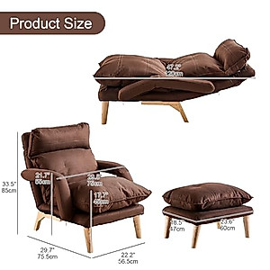 CLIPOP Modern Living Room Accent Chair with Ottoman, Comfy Linen Armchair with Adjustable Backrest(5 Angles), Solid Wood Legs, Leisure Upholstered Single Sofa Chair with Footrest, Brown