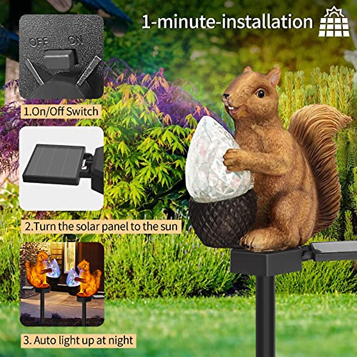 Garden Stake Solar Light Outdoor Decorative Cute Squirrel Solar Powered Figurine Light Waterproof Statue with Solar Led Light for Outside Decor Yard Lawn Garden Ornaments Gifts for Mom Women