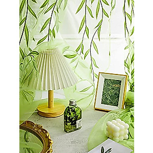 Willow Voile Curtains Cute Green Sheers Leaf Curtain Tulle Vine Window Curtains Nursery Green Sheers Ivy Pretty Curtain for Kids Living Room Bedroom Window Door Balcony (2 Pieces,39.4 x 78.7 Inch)