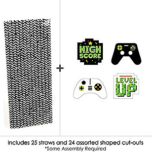 Game Zone - Paper Straw Decor - Pixel Video Game Party or Birthday Party Striped Decorative Straws - Set of 24