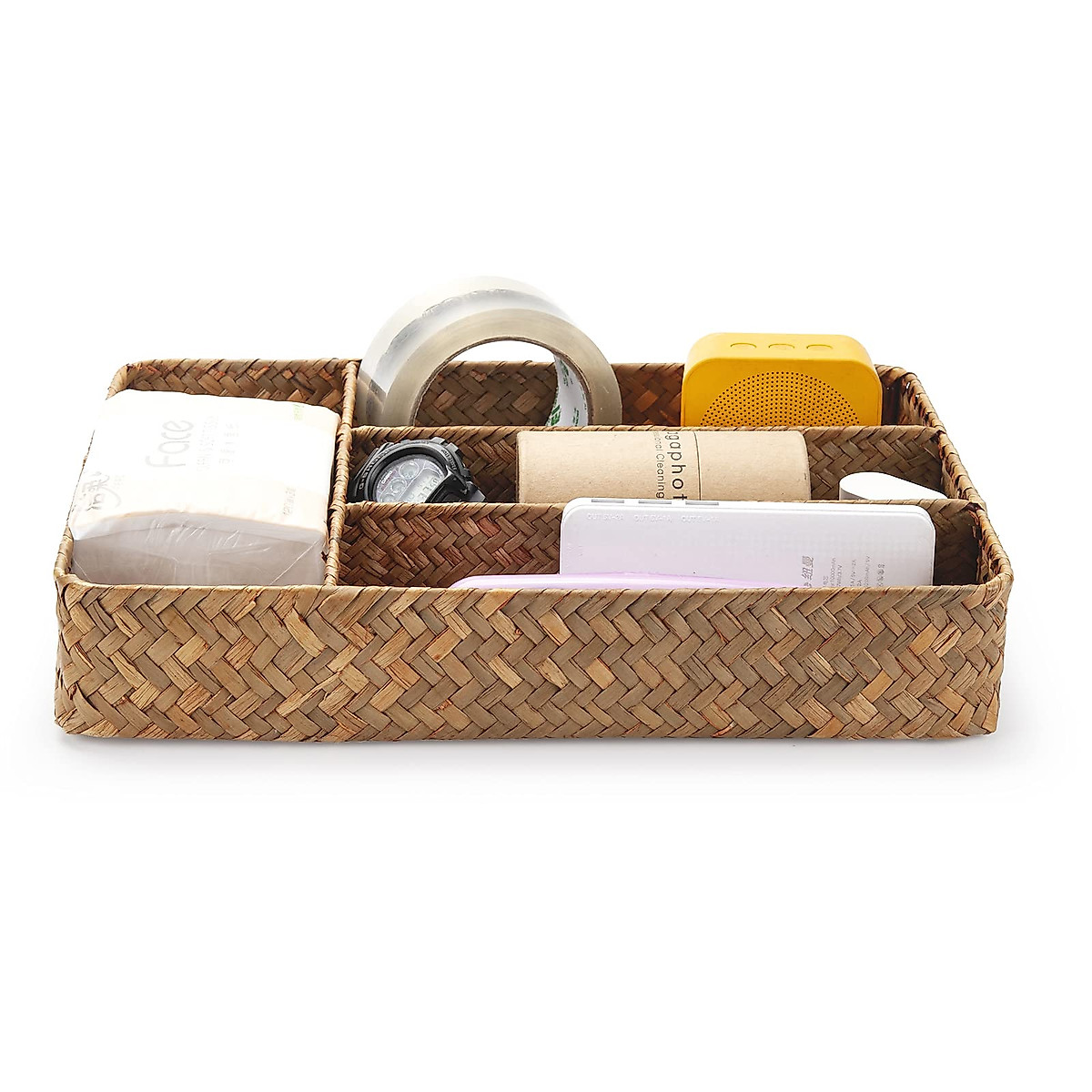 Seagrass Storage Basket with Compartments Utensil Tray for Organization Silverware Flatware Rectangular Shelf Baskets with 4 Sections
