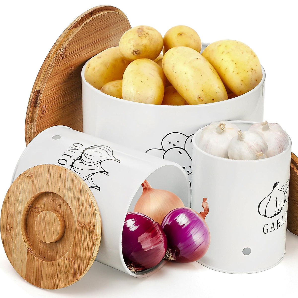 WUWEOT 3 Pack Vegetable Storage Tins, Round Metal Potato Onion Garlic Storage Bins, Farmhouse White Kitchen Canisters Vegetable Fresh Keeper Set with Bamboo Lids and Aerating Holes