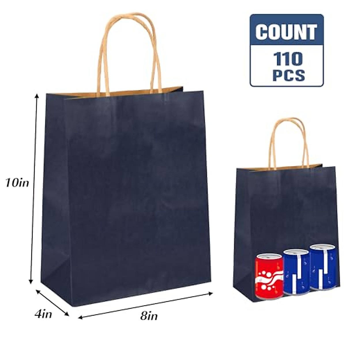 Moretoes 110pcs Dark Blue Gift Bags with Handles, 8x4x10 Inch Medium Size, Paper Bags for Small Business, Shopping Bags, Retail Bags, Party Bags, Favor Bags (Royal Blue)