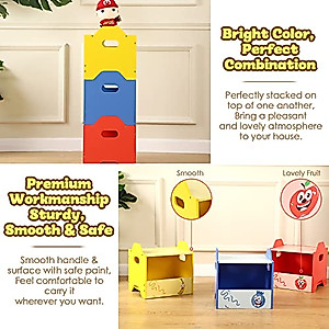 FUNLIO Stackable Wooden Toy Box with Lid (3pcs), 2-in-1 Toy Chest & Stool, Colorful Fruit Design Toy Chest for Boys/Girls, Cute Small Toy Storage Bins for Living Room/Bedroom, Easy to Carry & Assemble