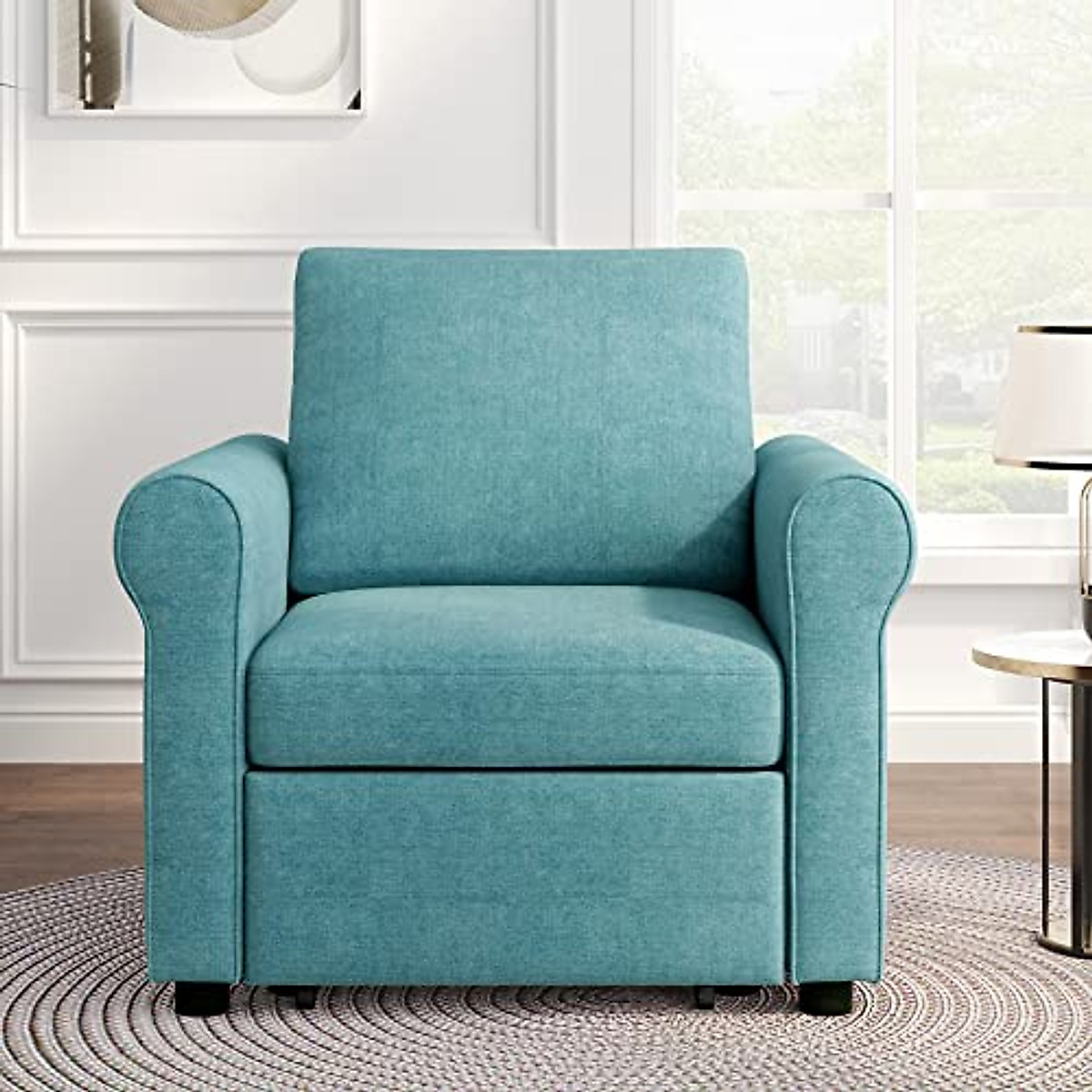 Quarte Modern 3-in-1 Sofa Bed Chair, Convertible Sleeper Chair Bed, Multi-Functional Breathable Linen Sleeper Pull Out Chair Bed, Single Bed with Adjust Backrest (Teal/Linen)