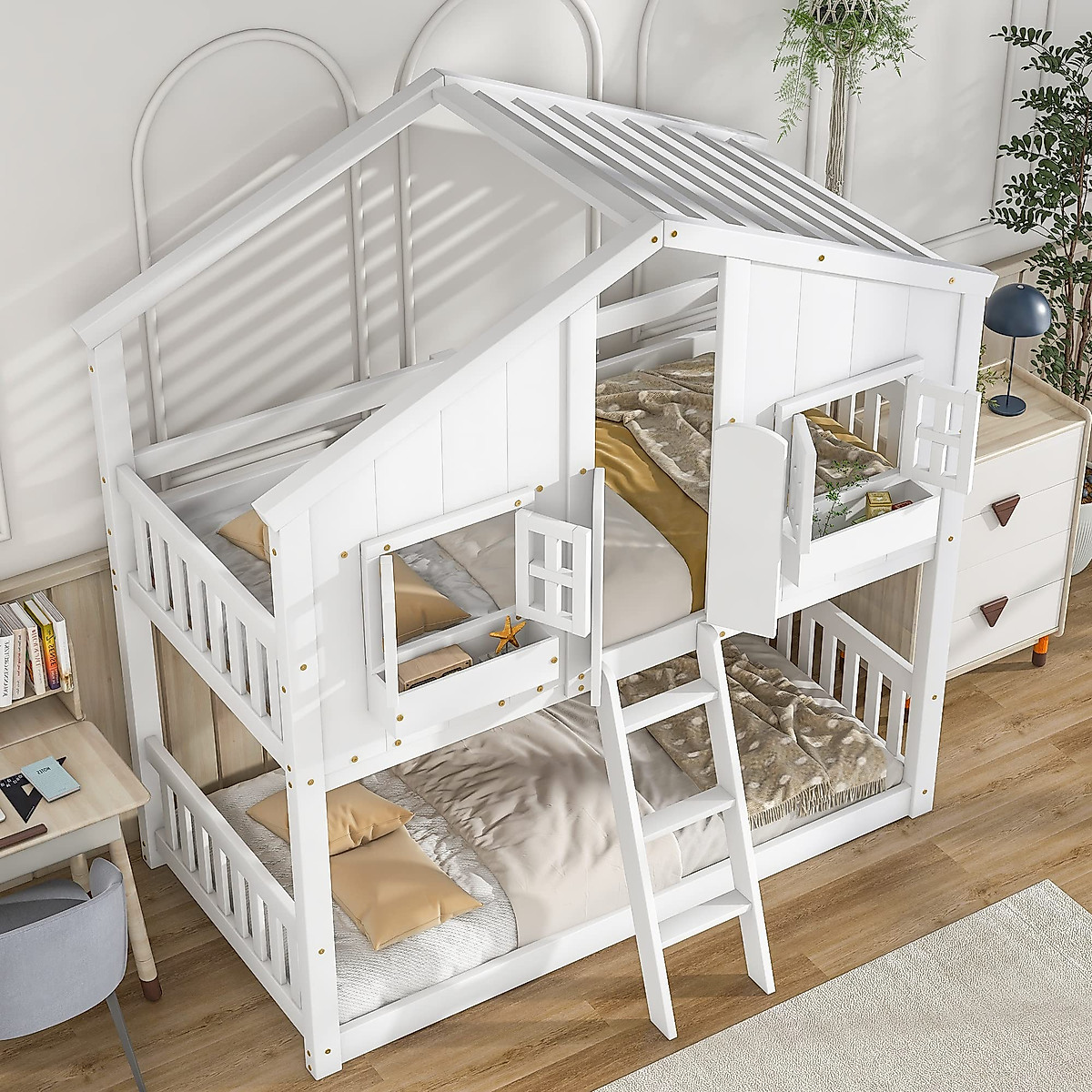 Luxo Abode Twin Over Twin Size House Bunk Bed with Roof, Window & Window Box, Pine Wood Bed w/Door, Safety Guardrails and Ladder, Easy Assembly, for Toddlers, Children's Room, Playroom, White