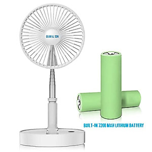Olam & Son Portable Folding Backup Fan Foldable Height Adjustable Tripod 7200mAh Mini USB Rechargeable Operated Fan For Office Home, white, ZK-20321
