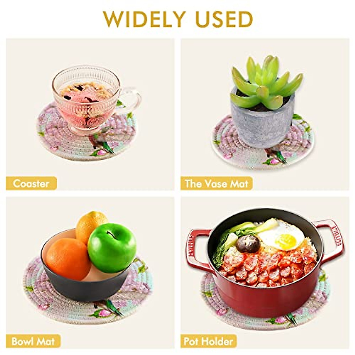 Trivets for Hot Pots Dishes Heat Resistant, Hummingbird Hot Mats Pads for Kitchen Decorative Counter Tops Dining Washable Pot Holder Coasters Set