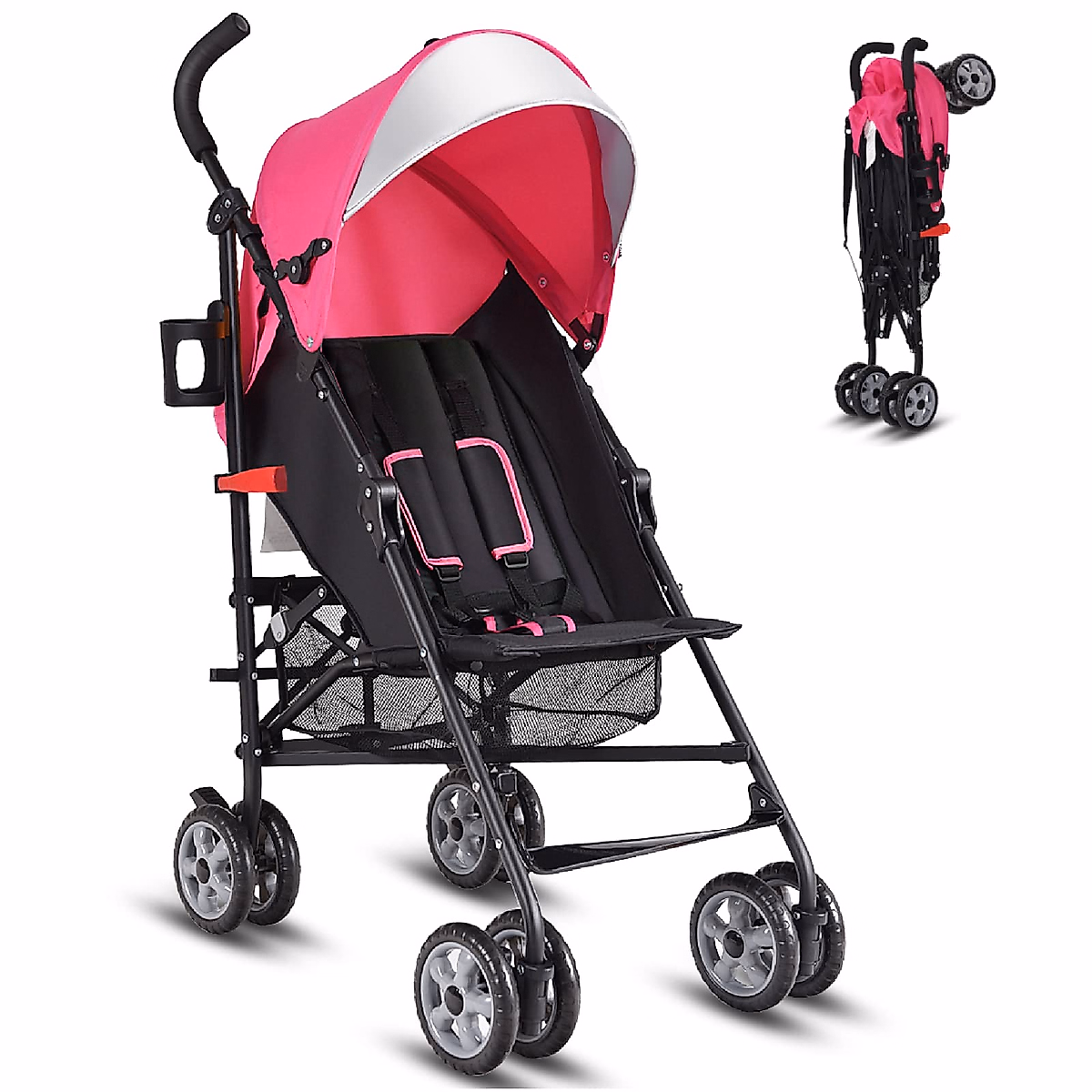 HONEY JOY Baby Lightweight Stroller, Compact Travel Stroller for Airplane, Adjustable Backrest & Canopy, 5-Point Harness, Cup Holder, Storage Basket, Foldable Umbrella Stroller for Toddlers (Pink)