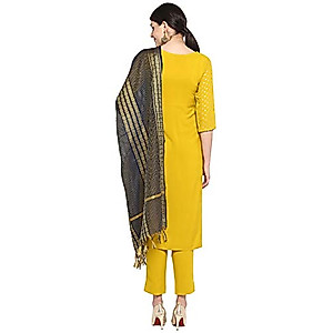 Janasya Indian Women's Mustard Poly Crepe Kurta With Pant And Dupatta(SET197-KR-NP-L)