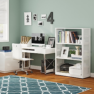 Metal Storage Shelves with Wheels,3 Tier Bookshelf with Storage,Bookshelf with Storage,White Bookcase with 2 Adjustable Shelves,Office Shelves for Living Room,Classroom,Library