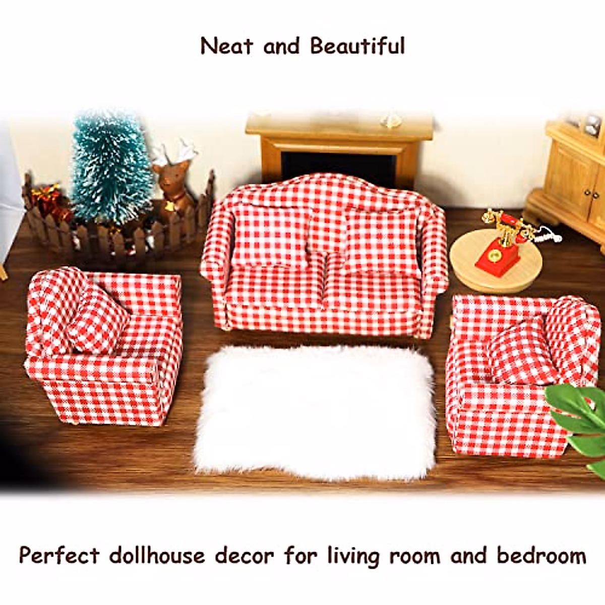 Dollhouse Couch with Pillow 1 12 Scale Miniature Sofa Arm Chair Living Room Furniture Wooden Fabric Frame Single Reading Chair Artificial House Room Scene Decoration (Plaid)