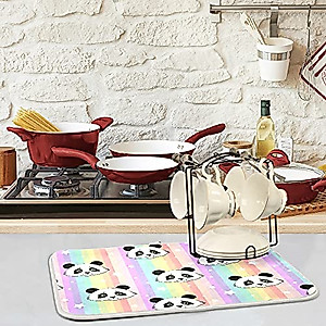 Cartoon Panda Rainbow Stripe Dish Drying Mat Counter Mats for Kitchen Dish Drainer Tray Heat Resistent Mat Terry Cloth Dish Drying Mat 18 x 24