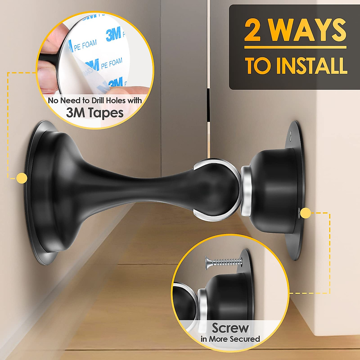Door Stoppers Magnetic Door Catch - 2 Pack Stainless Steel Heavy Duty Door Holder Stops for Bottom Top of Door - Wall Floor Mounting No Drill 3M Adhesive & Screws Strong Magnet Keep Door Open