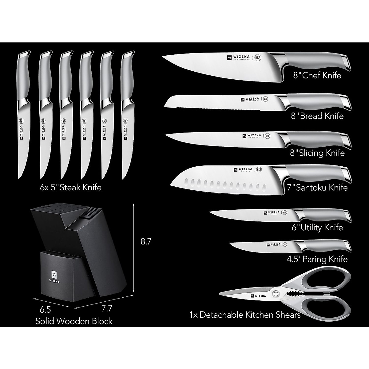 WIZEKA Kitchen Knife Set with Block, 15PCS Dishwasher Safe Knife Block Set with Sharpener, One-Piece German Stainless Steel Kitchen Knives, Silver Wings Series, Best Gifts for Him Her