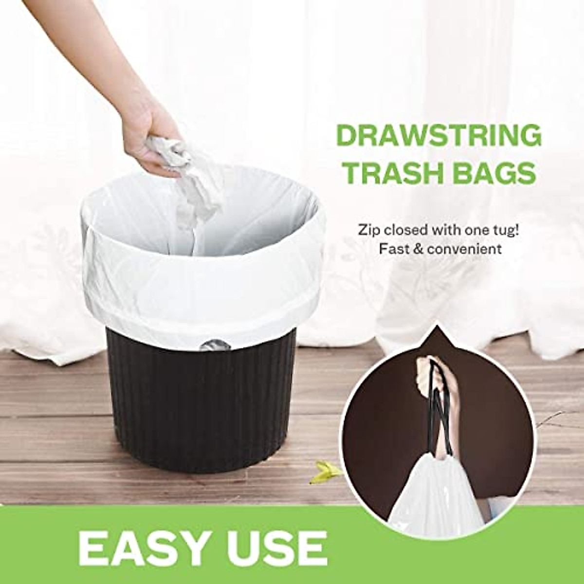 4 Gallon 120 Counts Strong Drawstring Trash Bags Garbage Bags by Teivio, Bathroom Trash Can Bin Liners, Small Plastic Bags for home office kitchen, White