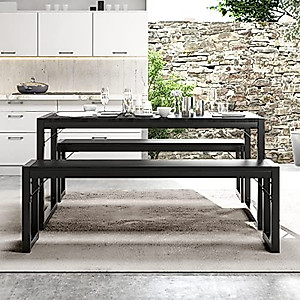 IMUsee 3-Piece 47.2" Dining Table Set for 4-6,Heavy Duty Kitchen Table with Metal Frame and Wood Board, Kitchen & Dining Room Table Set with Benches, Space-Saving Dinette for Small Space,Black&Black