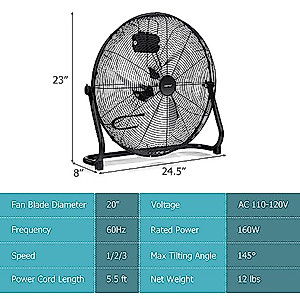 COSTWAY Floor Fan, 20-inch High Velocity Floor Fan with 145° Adjustable Tilt, 3-speed Adjustable, Heavy Duty Metal Industrial Floor Fan for Home Garage Warehouse Workshop Outdoor Indoor Use, Black