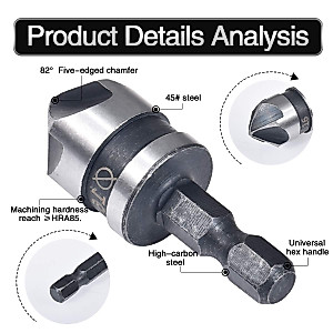 HOHXEN 3Pcs 1/4'' Hex 5 Flute 90 Degree 1/2'' 5/8'' 3/4'' Countersink Drill Bit for Wood Metal Quick Change Set