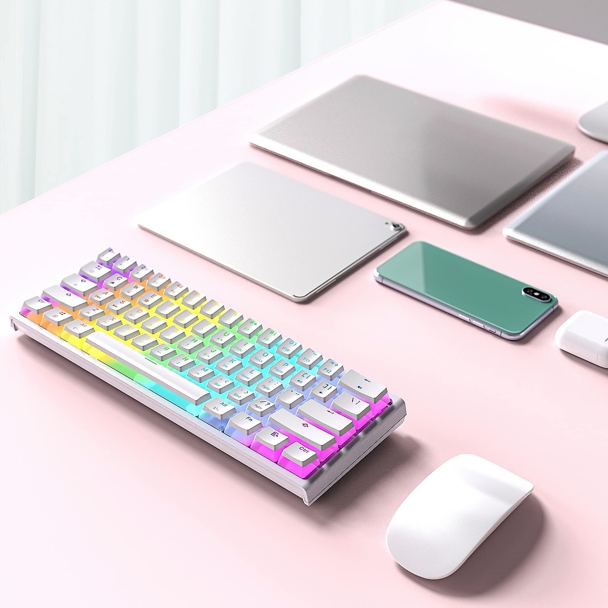 STOGA 60% Gaming Keyboard, White Mini Keyboard with Rainbow Blacklit, Wired Mechanical Keyboard for Computer, 61keys RGB Keyboard with Brown Switch,Pudding Keycap Keyboard for Windows PC/Mac Gamers