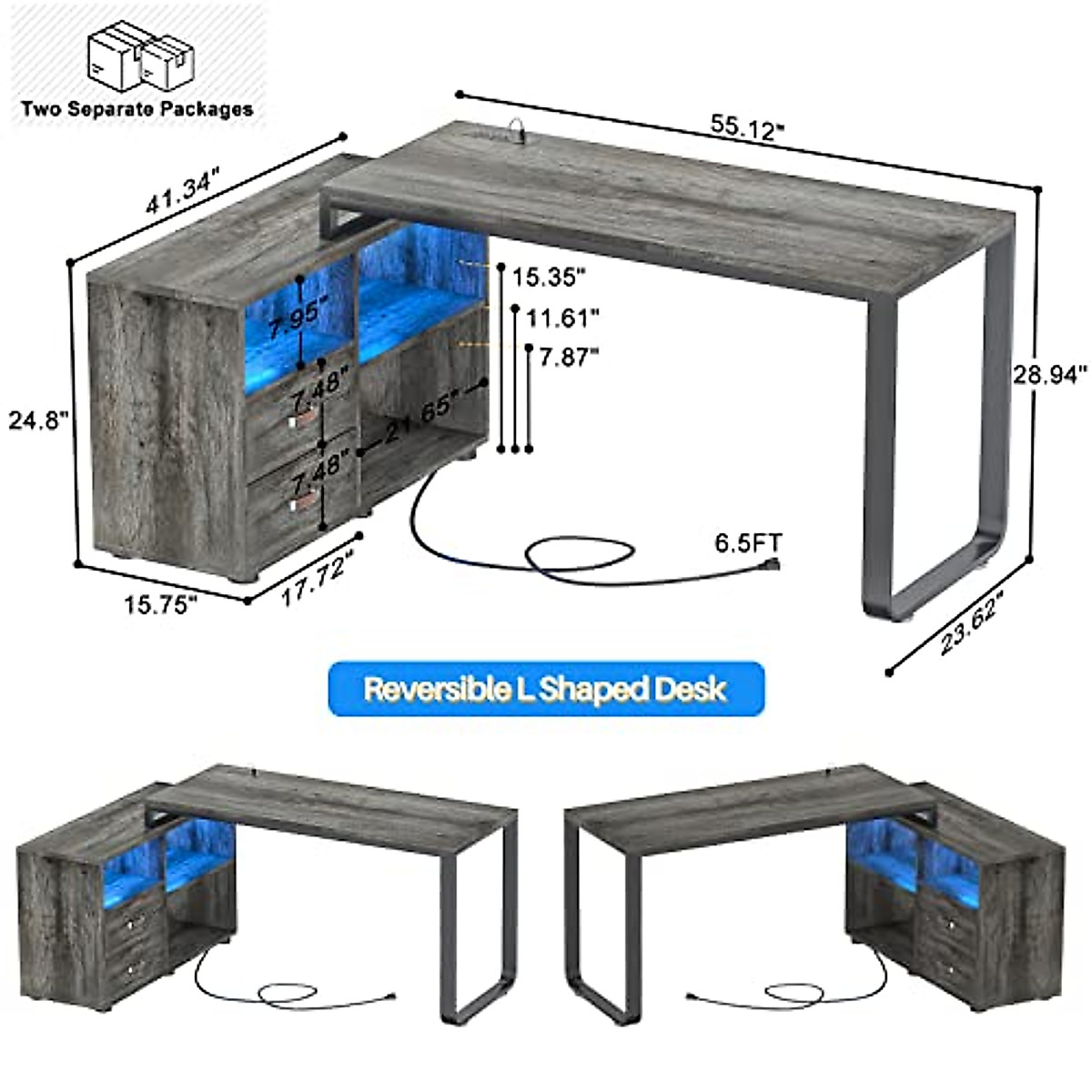 Homieasy L Shaped Desk with File Cabinet & Power Outlet, Reversible 55 Inch Large Corner Computer Desks with LED Strip, L-Shaped Computer Desk with Drawers and Storage Shelves for Home Office, Grey