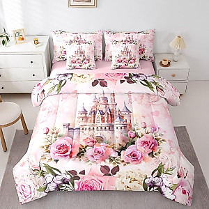 Manfei Girls Princess Full Bedding Set 7 Pieces,Cartoon Castle Pink Comforter Sets,Blooming Flowers Bedding Comforter Sets with 1 Comforter,2 Pillowcases,2 Pillow Covers,1 Flat Sheet,1 Fitted Sheet