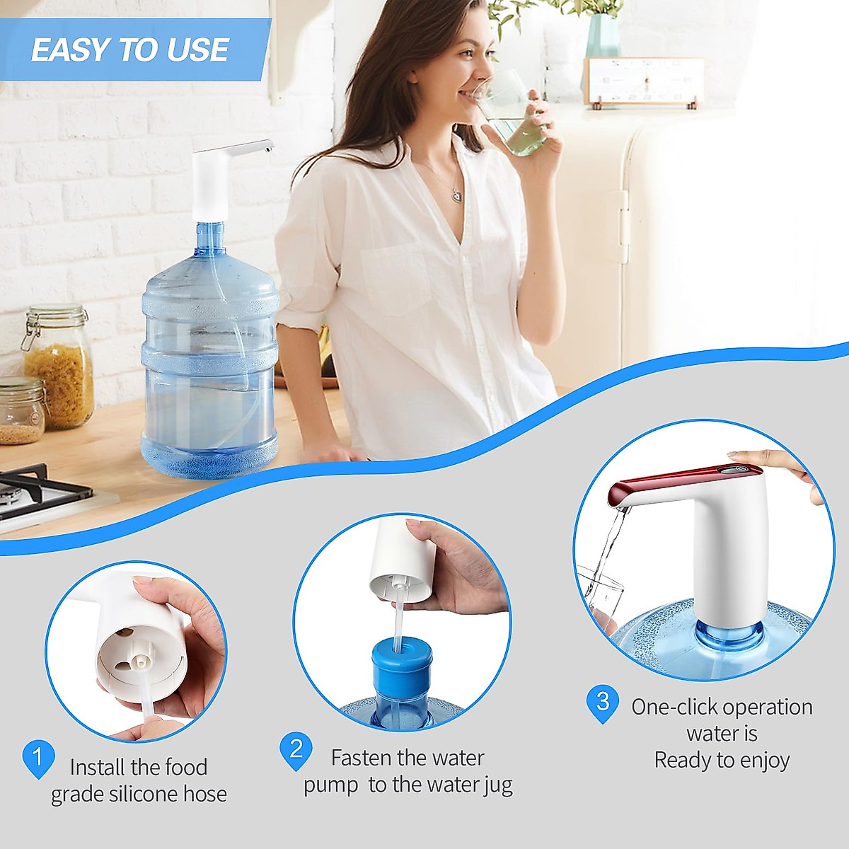 Keweis 5 Gallon Water Dispenser Pump, Electric Water Bottle Pump Rechargeable, Portable USB Charging Automatic Drinking Water Jug Dispenser for 2-5 Gallon (Red)