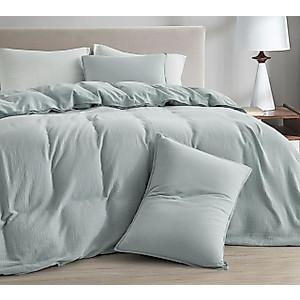 Chezmoi Collection Breeze 3-Piece Cotton Gauze King Duvet Cover Set, Light Blue-Gray Soft Washed Cotton Linen Like Textured Breathable Comforter Cover with Button Closure