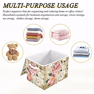 Shabby Chic Pink Rose Storage Bin with Lid Large Oxford Cloth Storage Boxes Foldable Home Cube Baskets Closet Organizers for Nursery Bedroom Office