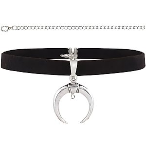 STACKABLE CREATIONS Black Suede Leather Choker Necklace with Silver Crescent Moon Pendant for Women Men