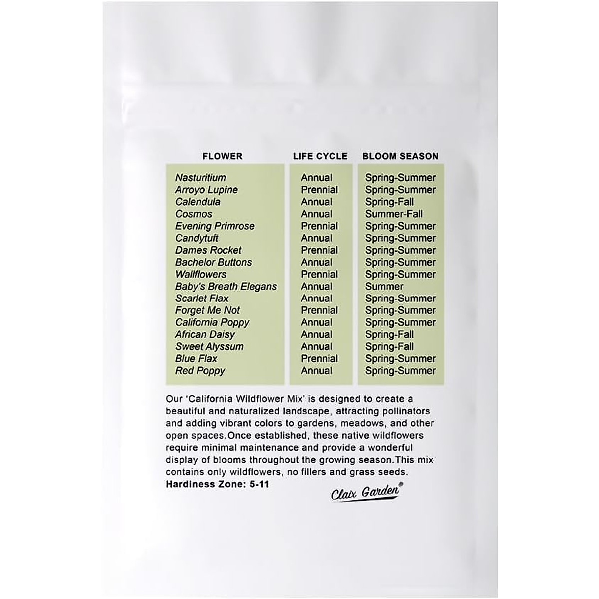 California Wildflower Mix - 5,000 Seeds - 17 Varieties - No Fillers, Open Pollinated and Non GMO, Perennial and Annual Garden Flowers, Attracts Bees and Butterflies